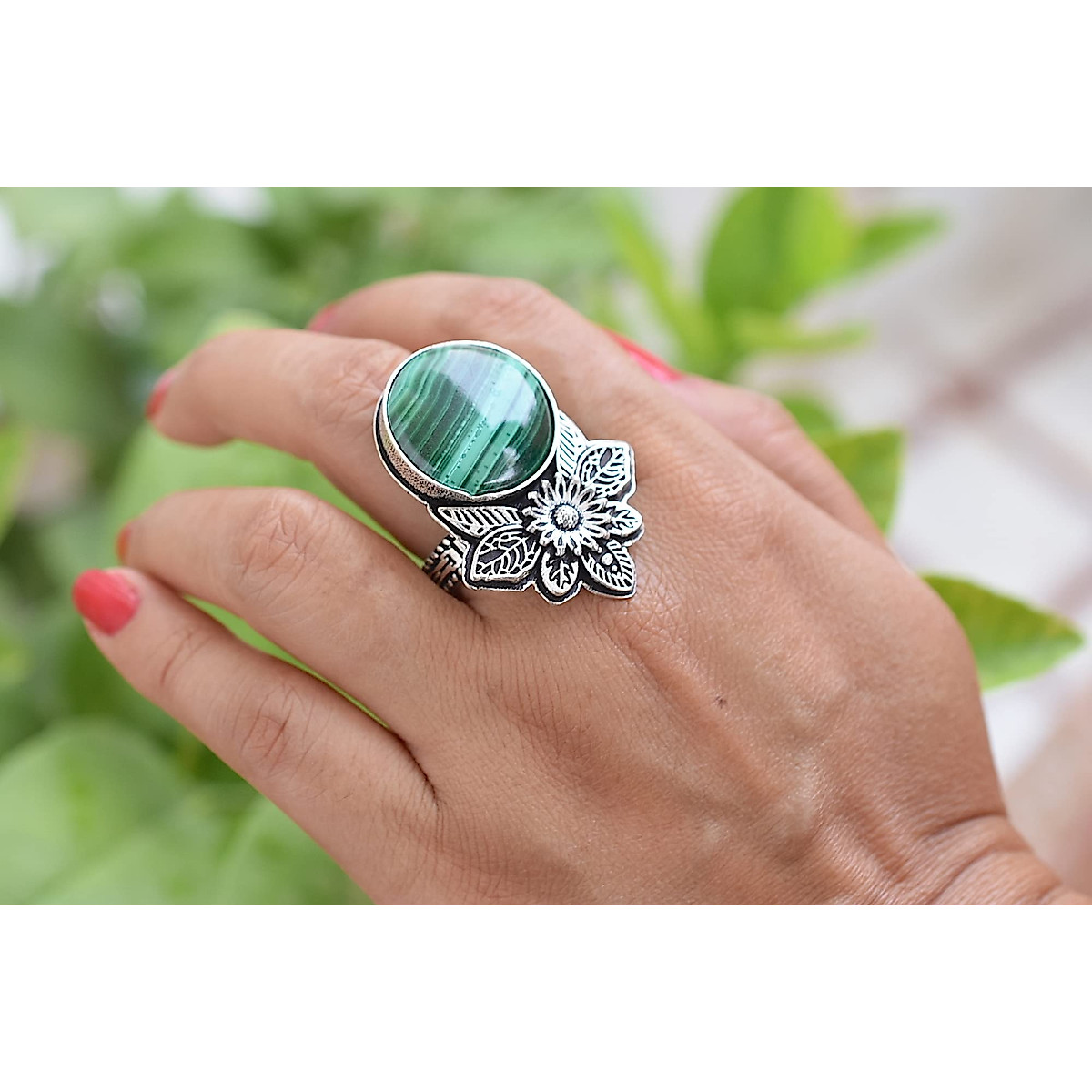 Rekha Gems Malachite Ring-925 Sterling Silver Ring-Vintage Ring-Handmade Ring-Birthday Gift-Green Gemstone Ring-Boho and Hippie Ring-Birthstone Ring-Malachite Jewelry- RMK13 (4.50 US)