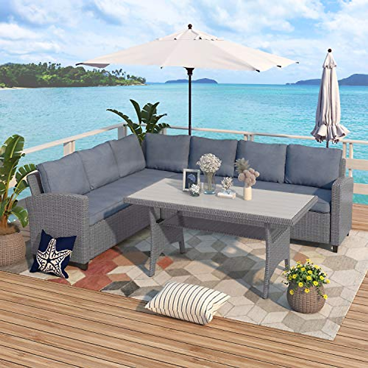 HHOK Patio PE Rattan Wicker Conversation Weather Sectional Sofa Set with Table & Soft Cushions, B-Gray Outdoor Furniture