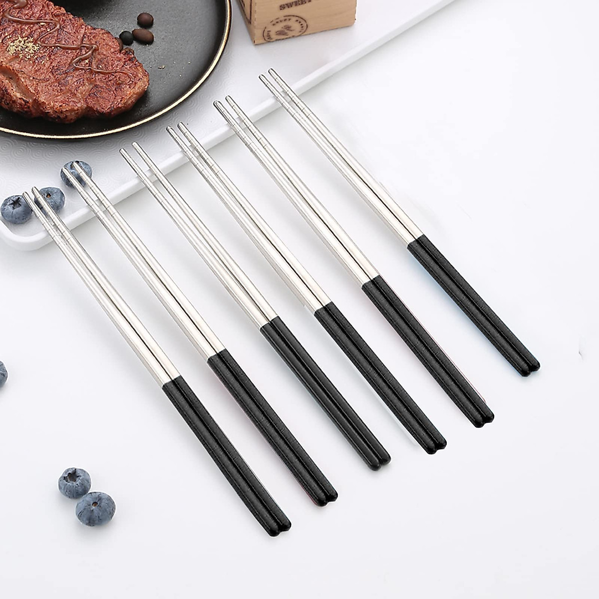 5 Pairs Stainless Steel Chopsticks, Slivek Reusable Premium Lightweight 304 Metal Chopsticks Dishwasher Safe, Non-slip, Lightweight, 9.05 inches (Black Silver)