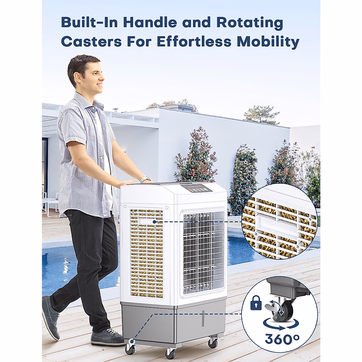 BALKO Windowless Air Conditioner, 35-INCH Swamp Cooler Air Conditioner w/2 Modes & 3 Speeds, 2100CFM, 700Sq.ft, Smart Timer for Auto off, 8Gal Tank & Remote, Wider Oscillation Evaporative Air Cooler