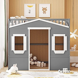 Harper & Bright Designs House Loft Bed Full Size Kids Playhouse Bed, Solid Wood Loft Bed Frame with Window and Ladder, for Girls Boys (Full Size, Gray+White)