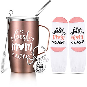 Roshtia Christmas Gifts Set for Women, Best Mom Ever Mom Tumbler 16 oz Keychain Socks from Daughter Son, Mother's Day Birthday Thanksgiving Gifts for Mom, New Mom, Mommy (Rose Gold)