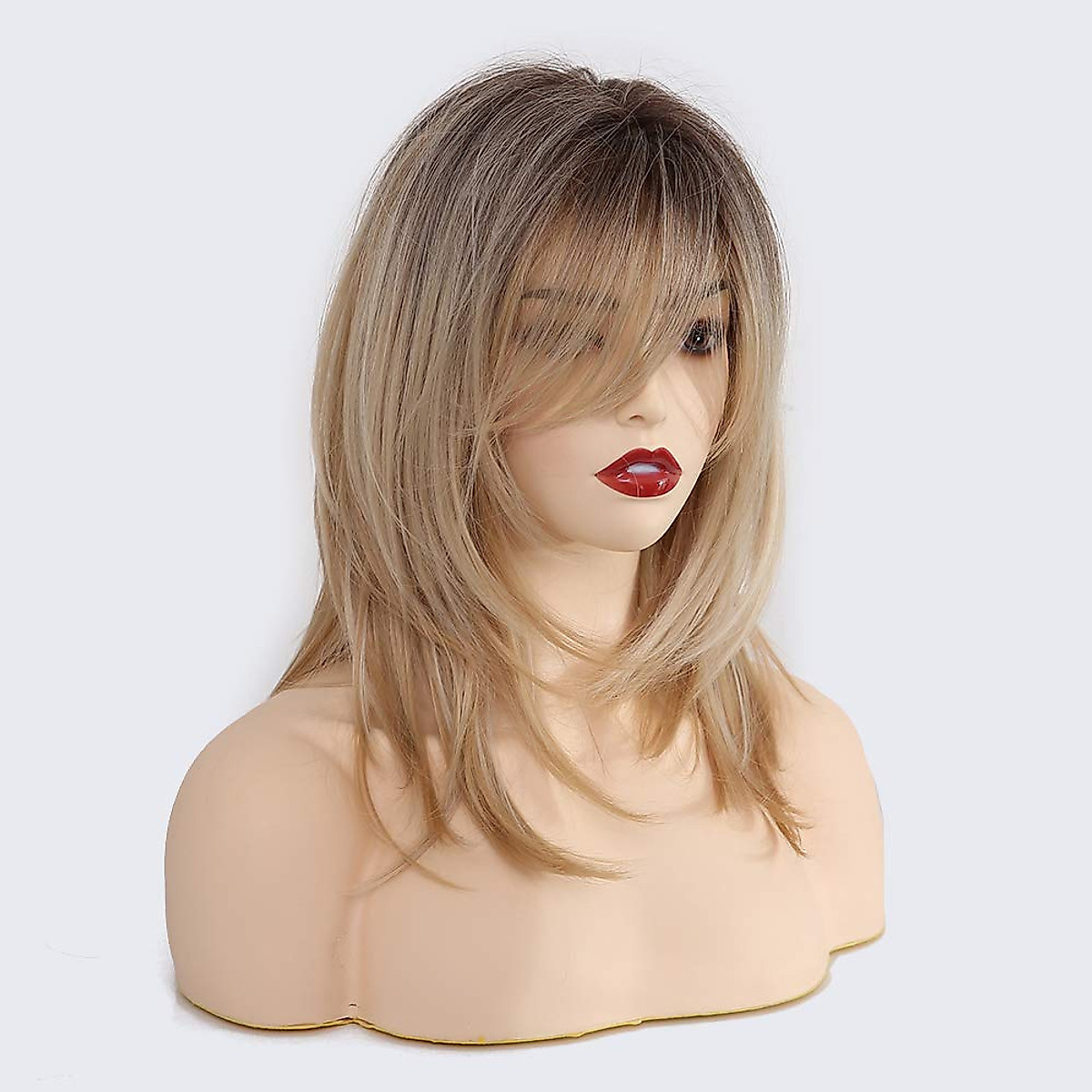 HAIRCUBE Blonde Wigs Shoulder Length Layered Wigs Long Curly Wigs for Women 18 Inch Wigs with Bangs