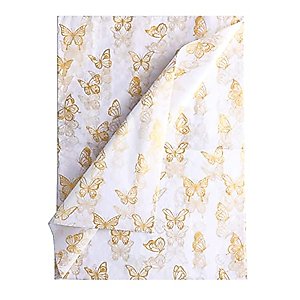 KINBOM 30Pcs 14x20inch Golden Butterfly Tissue Paper Sheets, Gold Wrapping Tissue Paper Bulk for Packaging for Christmas Wedding Birthday Party Baby Showers DIY Crafts Arts (White Background)