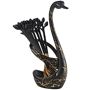 AnSaw Black Swan Base Holder with 5-Pieces 4.7-inch Small Coffee Spoons And 5-Pieces Dessert Fork,Leaf Handle Set (Black & Gold)