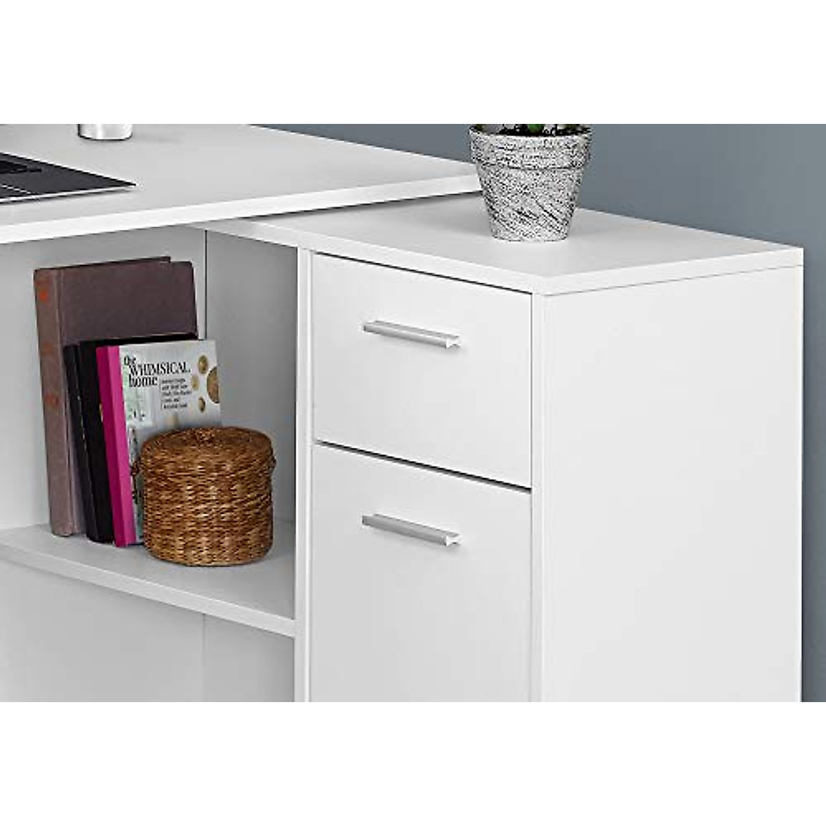 Monarch Specialties Workstation with Storage Shelves and Cabinet for Home & Office-Contemporary Style L Shaped Computer Desk, 46" L, White