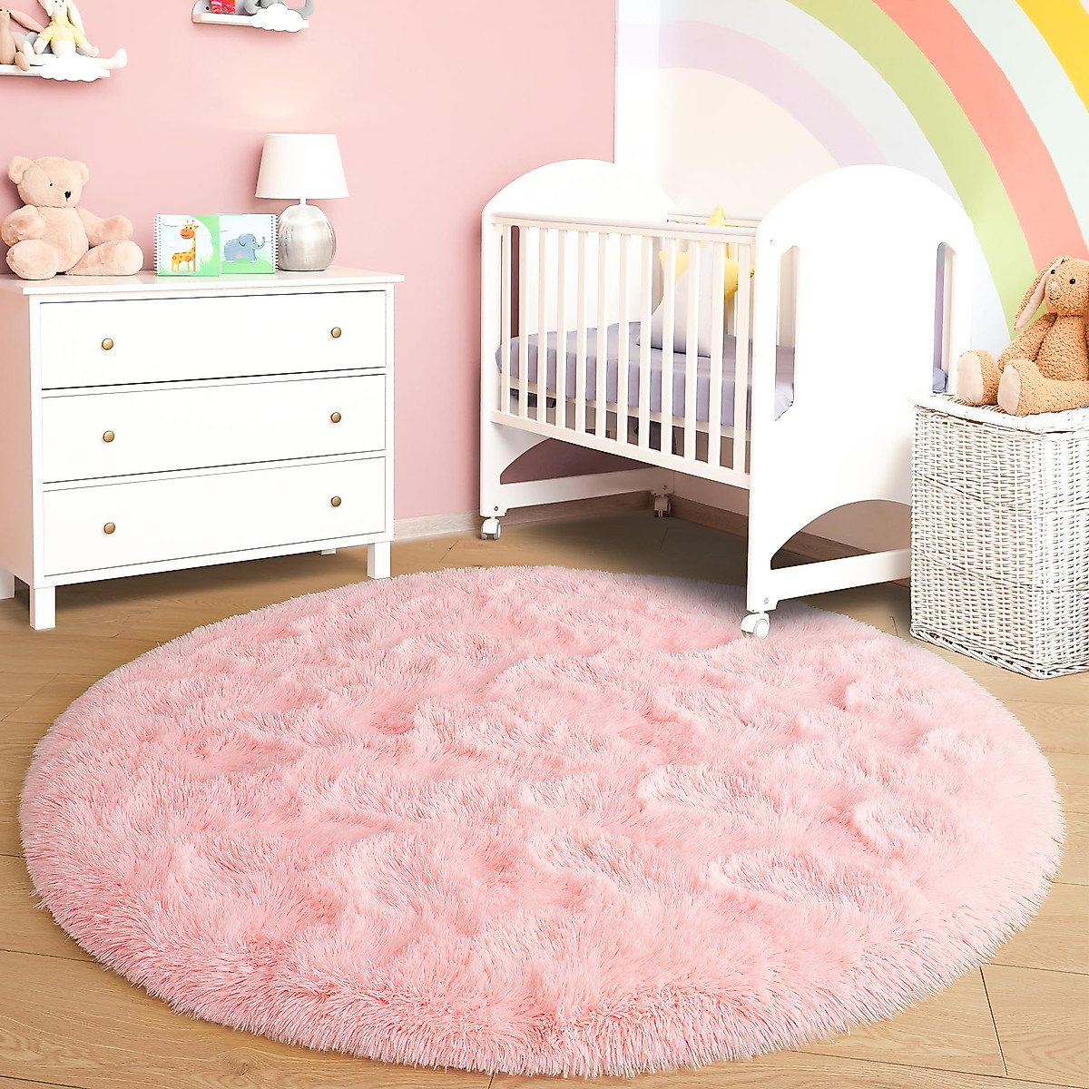 Noahas Fluffy Round Rug 4Ft,Pink Rugs for Bedroom Girls,Fuzzy Rug for Kids Room,Shaggy Bedroom Carpet,Circle Shag Area Rug,Soft Nursery Rug,Room Decor Aesthetic