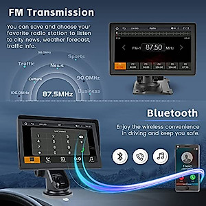 Hikity 7 Inch HD Portable Wireless Apple Carplay and Android Auto Screen, Bluetooth Car Stereo with Airplay Siri AUX USB FM Transmitter Backup Camera for All Vehicles