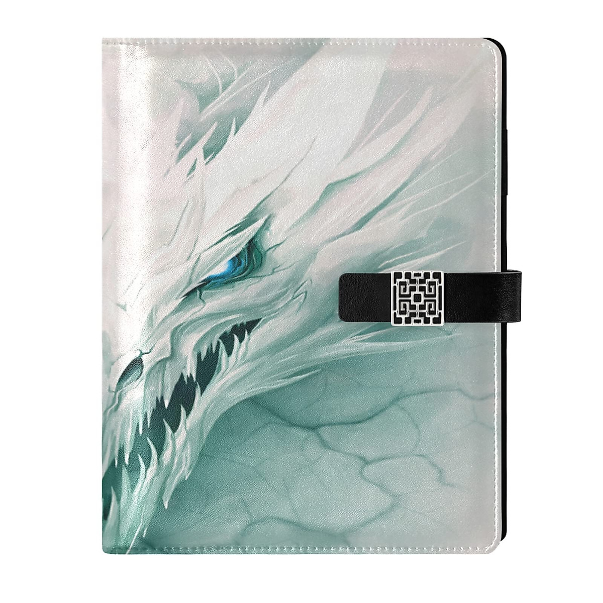 White Ice Dragon in White Stone Digital Painting Ripped Pattern Refillable Journal Writing Notebook, PU Leather Hardcover Diary Note Book, Planner A5 Ruled Notepad for Agenda with Pen Holder