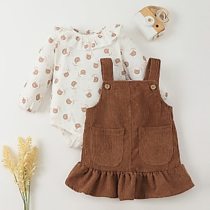 YENTAKE Newborn Baby Girl Dresses Clothes Long Sleeve Ruffle Romper Infant Suspender Skirt Set Baby Overall Fall Outfits (Brown, 12-18M)