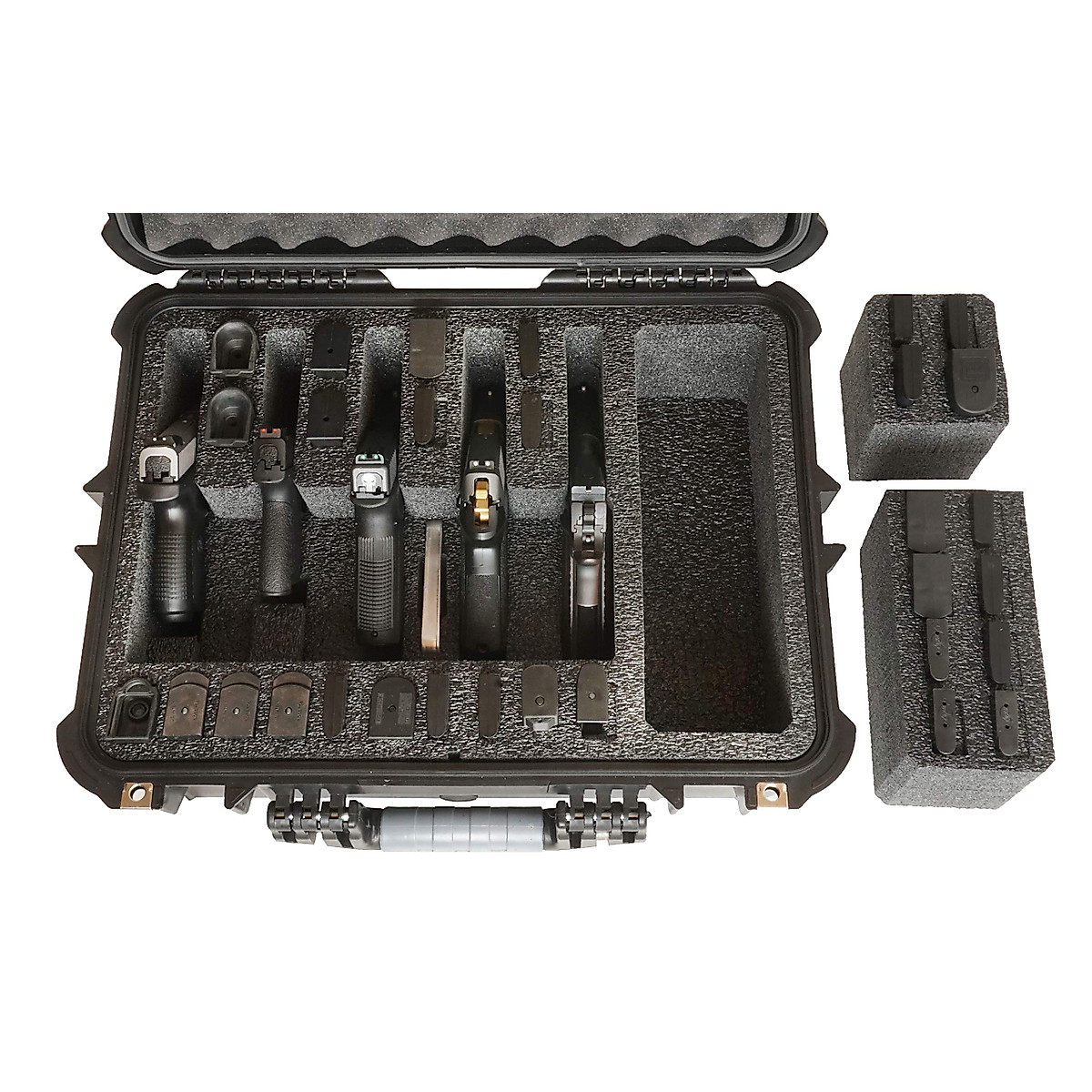 Case Club 5 Pistol & (up to) 30 Magazine Case with Accessory Pocket and Emergency Light - Pre-Cut, Heavy Duty, Waterproof, with Silica Gel for Gun Rust Prevention (Upgraded Gen-2)