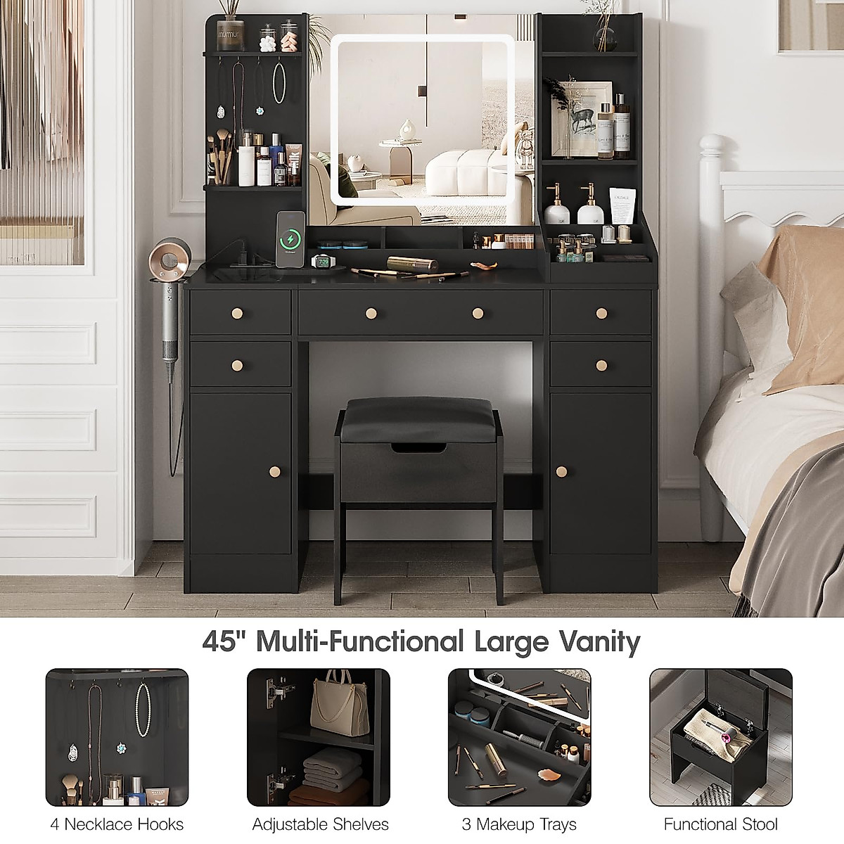 Fameill Black Makeup Vanity with 10 Lights & Power Outlets, Big Vanity with 3 Storage Compartments, Vintage Vanity Set with Large Drawers and Storage Cabinet, 45in