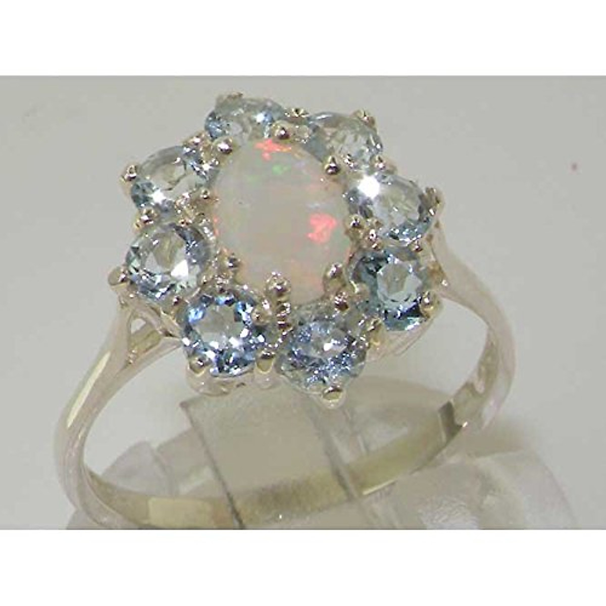 LetsBuyGold 925 Sterling Silver Real Genuine Opal and Aquamarine Womens Cluster Engagement Ring - Size 6