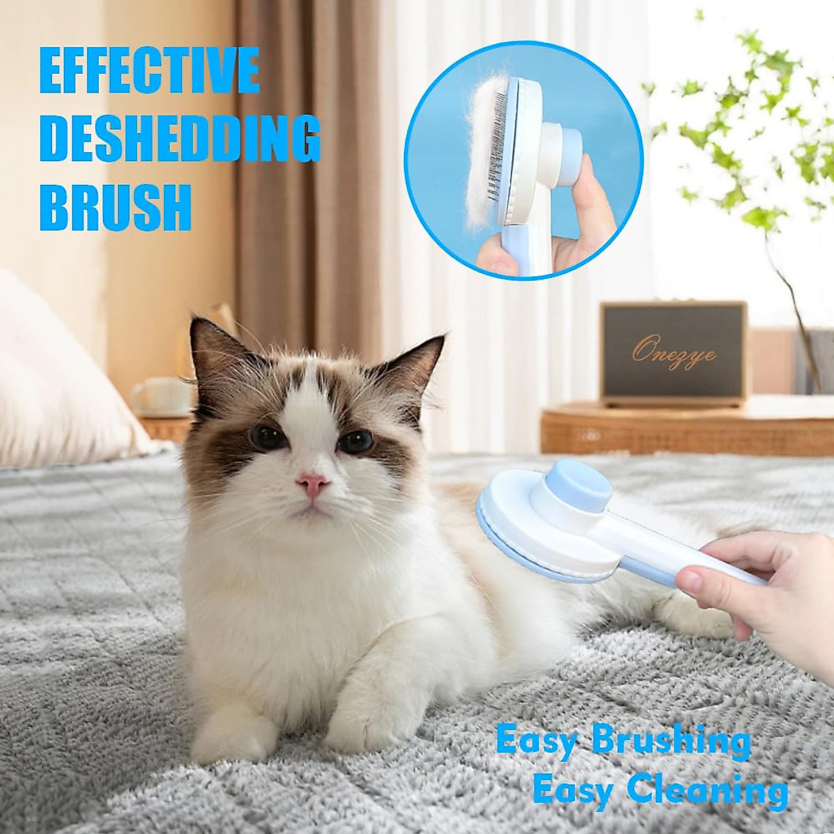 Grooming Brush Kit - 5pcs for Shedding & Matted Fur, Self-Cleaning with Flea Comb for Indoor Long-Haired Cats, Blue