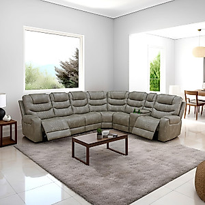 SIENWIEY Leather Power Reclining Sectional Sofa，Grey Luxurious Power Leather Recliner Sectional Couch 7 Seat for Reclining Living Room Furniture Sets