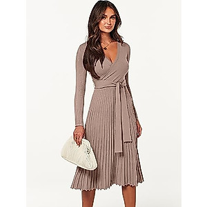 ANRABESS Long Sleeve Sweater Dress 2023 Fall Wrap Pleated V Neck Work Office A Line Tie Waist Soild Color Belted Ribbed Knit Bodycon Midi Sweater Dress 937doukou-XL
