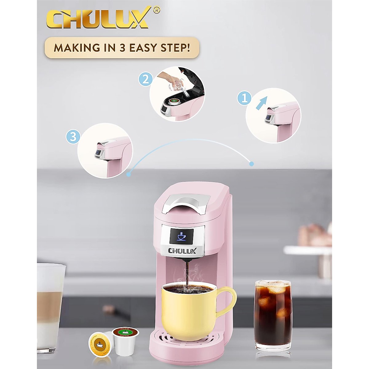 CHULUX Upgrade Single Serve Coffee Maker for K Cup & Ground Coffee, Pink Mini Single Cup Coffee Machine with One Touch Function, Fast Brewing in Minutes