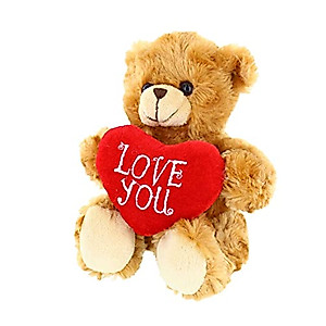 Plushland Stuffed Mocha Heart Bear – Love You- Plush Bear Toy for Kids & Adults - Embroidered Heart Pillow - Brown-6 inches