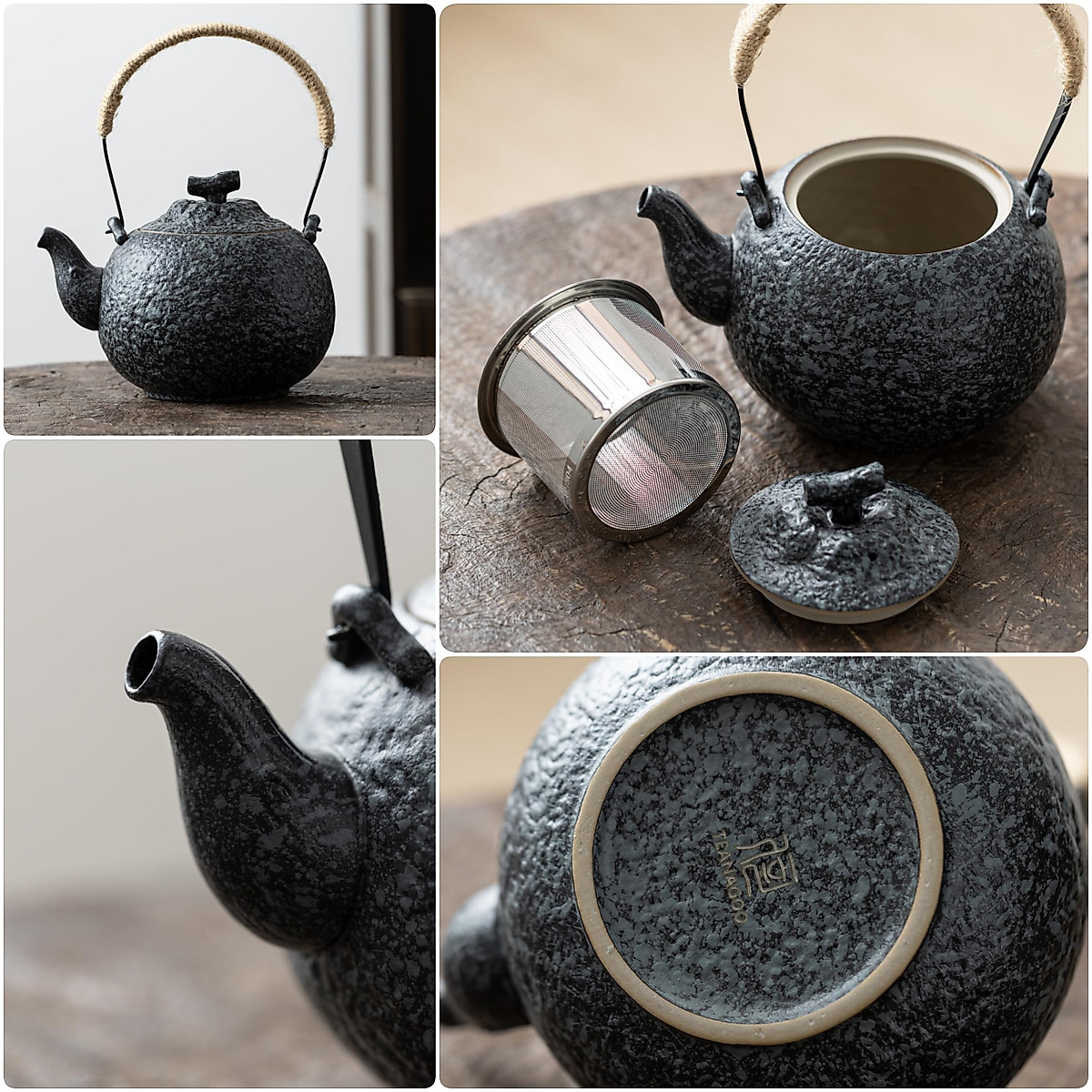 TEANAGOO Portable Japanese Tea Set, Charcoal Grey Travel Porcelain Tea Set, 1 Teapot (700ml/25oz) + 4 Tea Cups(205ml/7.2oz), U2, Tea Tray Storage Case, Beautiful Asian Tea Set for Adults