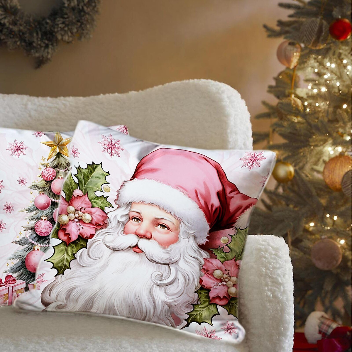 Harlang Christmas Pillow Covers 18x18 Set of 4 Farmhouse Christmas Decorations Snowman Wreath Santa Claus Tree Merry Christmas Hello Winter Holiday Decor Throw Cushion Case for Home Couch Pink