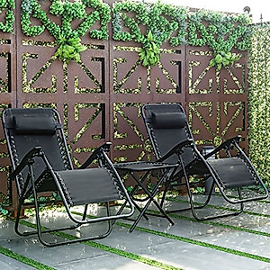 Giantex 3 PCS Zero Gravity Chair Patio Chaise Lounge Chairs Outdoor Yard Pool Recliner Folding Lounge Table Chair Set (Black)
