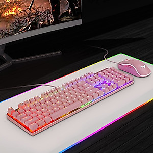 havit Havit Mechanical Gaming Keyboard and Mouse Combo Blue Switch 104 Keys Rainbow Backlit Keyboards, 4800 Dots Per Inch 7 Button Mouse Wired for PC Gamer Computer Laptop (Pink) (Renewed)