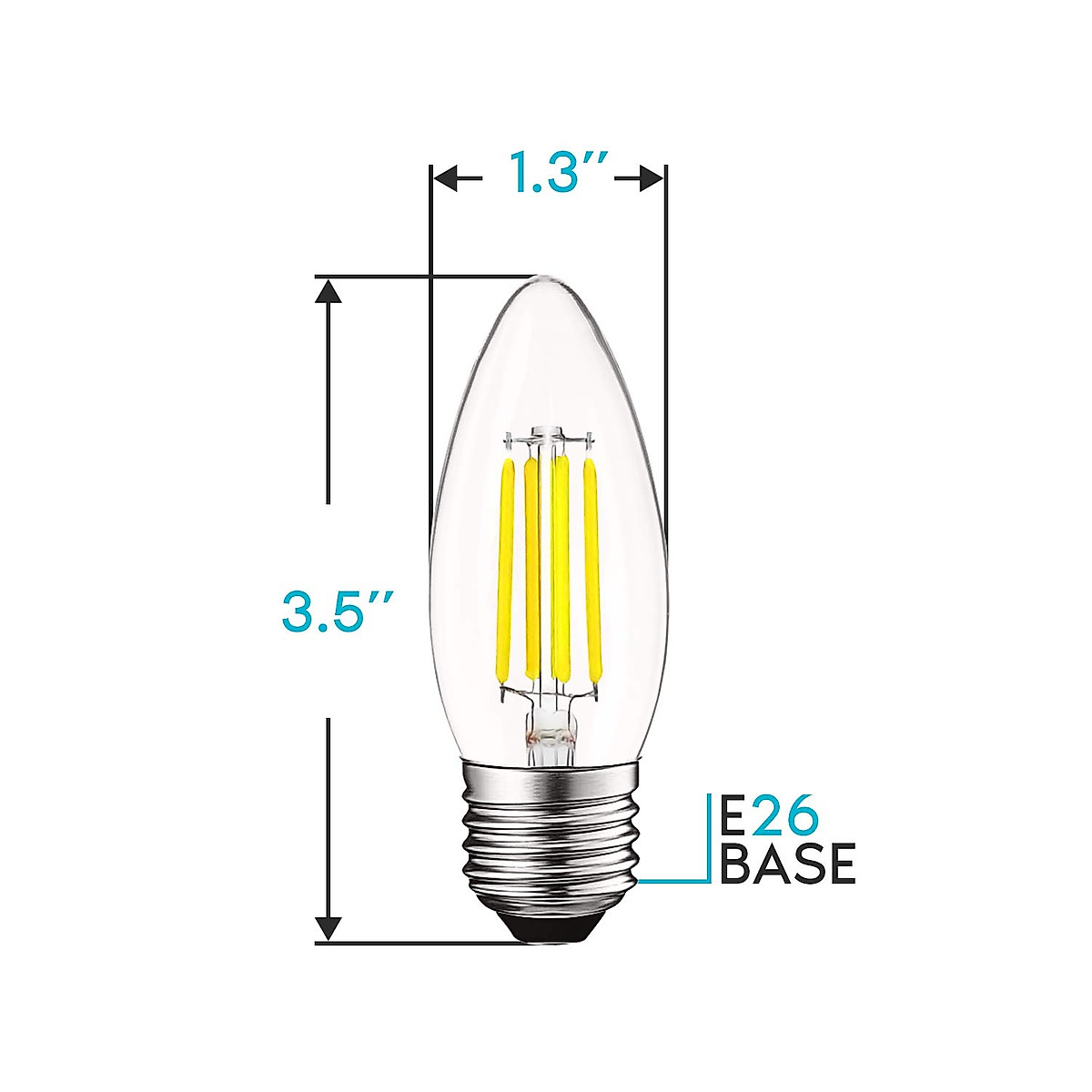 Luxrite 5W Vintage E26 Candelabra LED Bulb 60W Equivalent, 550 Lumens, 5000K Bright White Dimmable, Medium Base Candelabra Bulb, Torpedo Tip Clear Glass, Edison Filament Light Bulb, UL Listed (6 Pack)