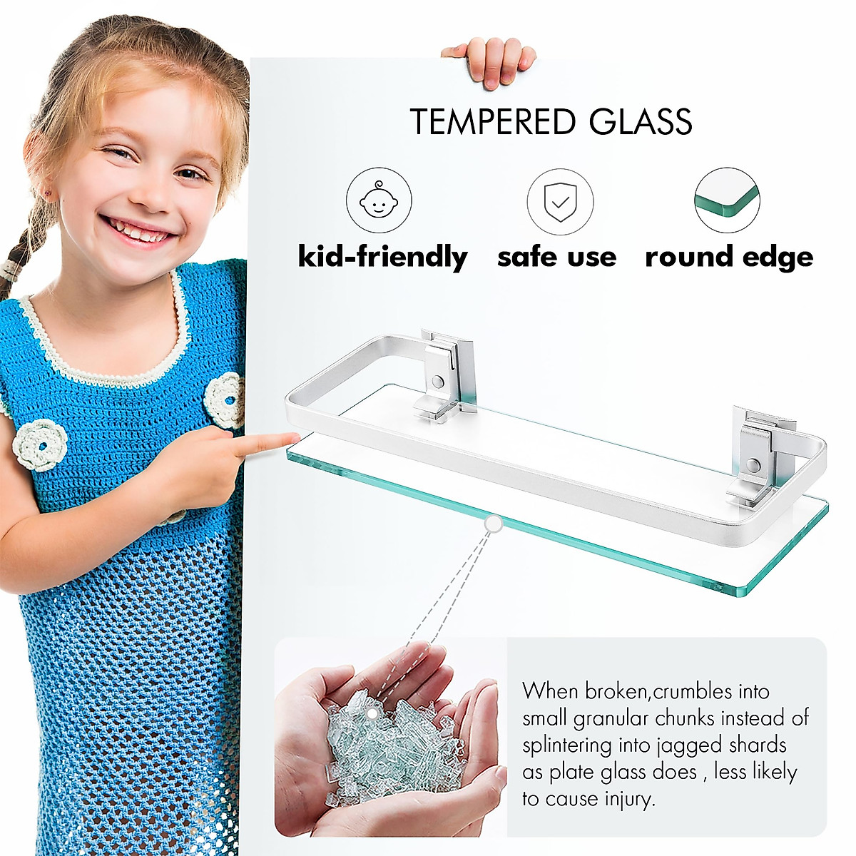 KES Glass Shelf for Bathroom, Glass Bathroom Shelf Floating Glass Shelf for Wall Aluminum Extra Thick 8MM Tempered Glass Shelf 3 Pack 1 Tier Rectangular Wall Mount Silver,A4126A-P3