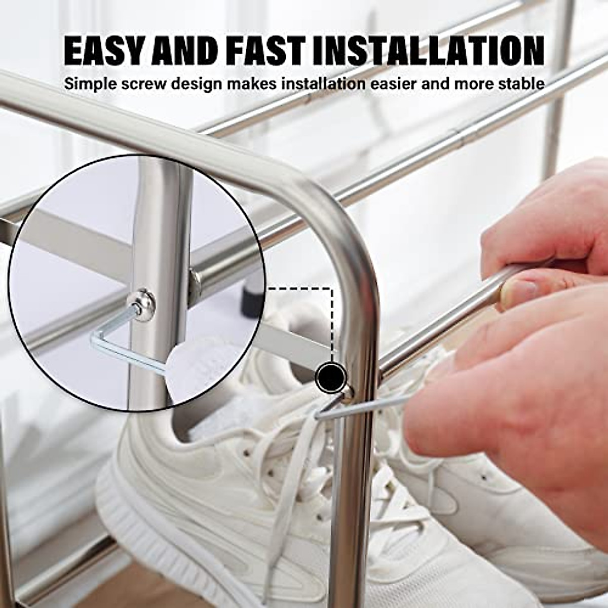 GREATSK 3-Tier Expandable Shoe Rack, Stackable and Adjustable Shoes Organizer Storage Shelf, Sturdy and Durable Metal Structure Free Standing Shoe Rack for Closet Entryway Doorway