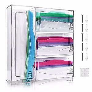Acrylic Ziplock Bag Storage Organizer w/ 4 Compartments, Clear Baggie Organizer for Kitchen Drawer, Compatible with Ziploc, Gallon, Quart, Sandwich & Snack Variety Size Bag