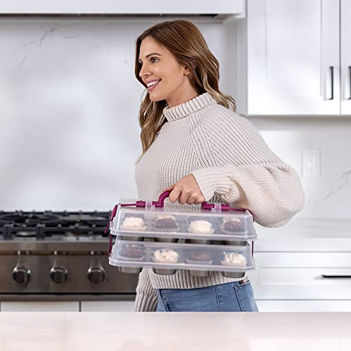 KPKitchen Cupcake Carrier for 24 Cupcakes - Innovative Cupcake Holder includes 2 Cupcake Pans with Lid and Handle - Cupcake Travel Container Carries 12 or 24 Standard-Size Cupcakes for Storage Safely