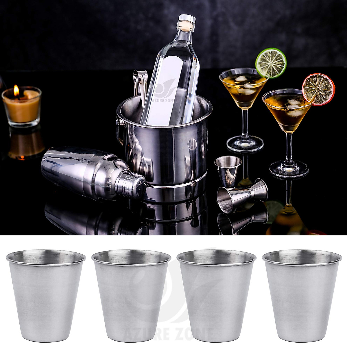 Azure Zone, 6 Pack Stainless Steel Shot Cups Metal Espresso Glass Barware Drinking Tumbler Vessel for Cocktail Beer Whiskey Water Bar Home Restaurant Tequila Liquor Party Silver 2 Ounce
