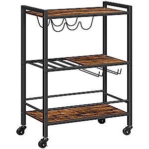 HOOBRO Bar Cart for The Home, 3-Tier Serving Cart on Wheels, Kitchen Cart with Wine Rack and Glass Holder, Rolling Beverage Cart for Living Room, Party, Bar, Rustic Brown and Black BF35TC01G1