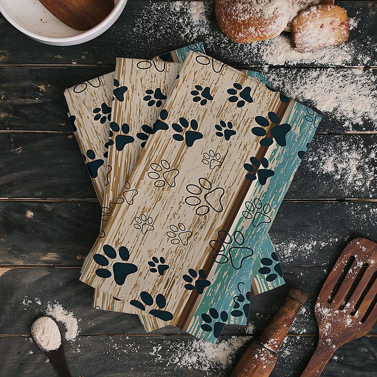 Dog Paws Prints Kitchen Towels 2 Pack, Rustic Teal Dish Towels for Kitchen, Farmhouse Turquoise Wood Absorbent Microfiber Puppy Paws Hand Towels for Bathroom, Soft Tea Towels Bar Towels, 18 x 28 Inch