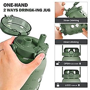 MUKOKO Half Gallon/64 oz Glass Water Bottles with Straw and Lid,Motivational Water Jug with Time Marker Reminder and Silicone Sleeve,100% Leakproof BPA Free Fitness Sports Large Bottle-Olive