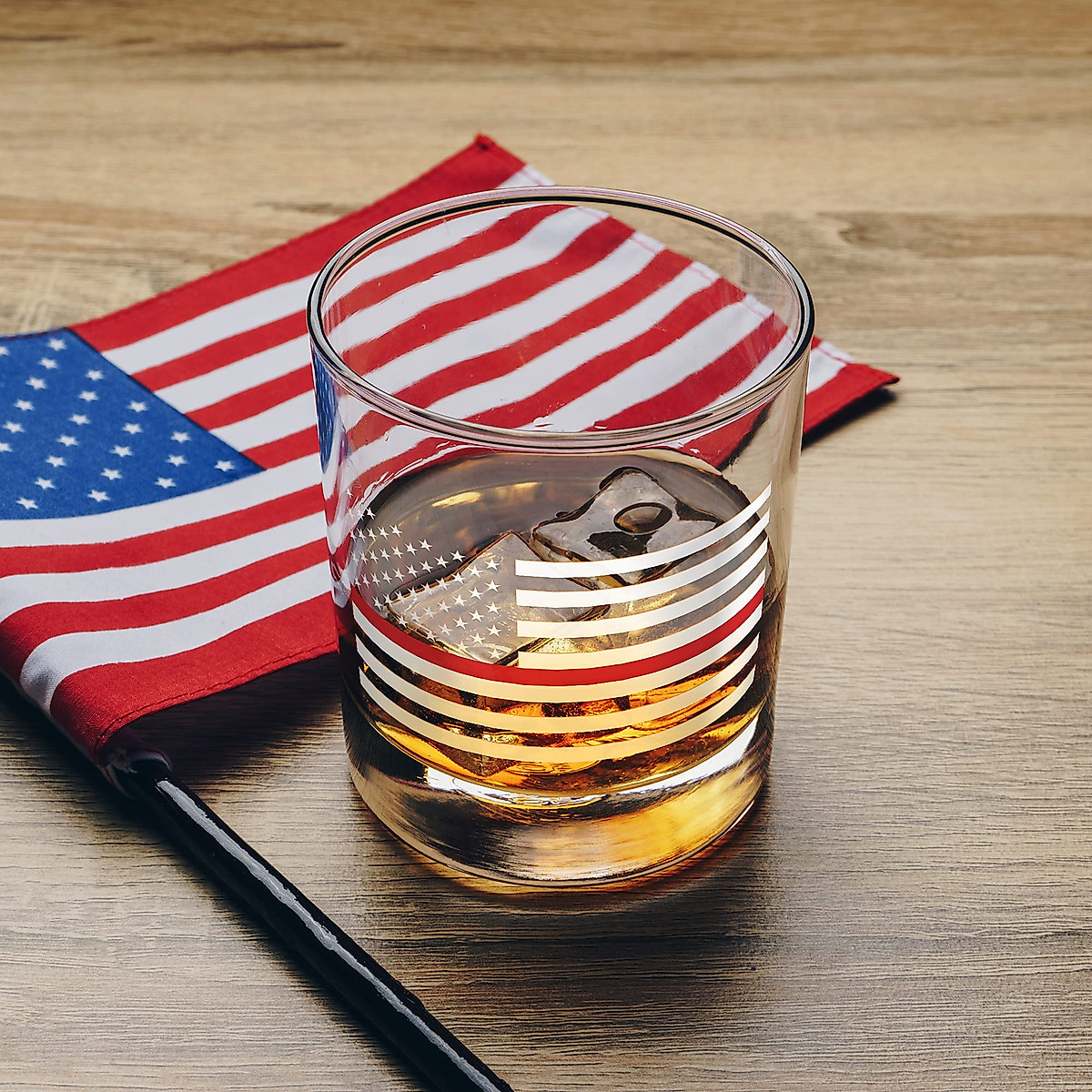 Thin Red Line Fire Fighter American Flag - Old Fashioned Whiskey Rocks Bourbon Glass - 10 oz capacity