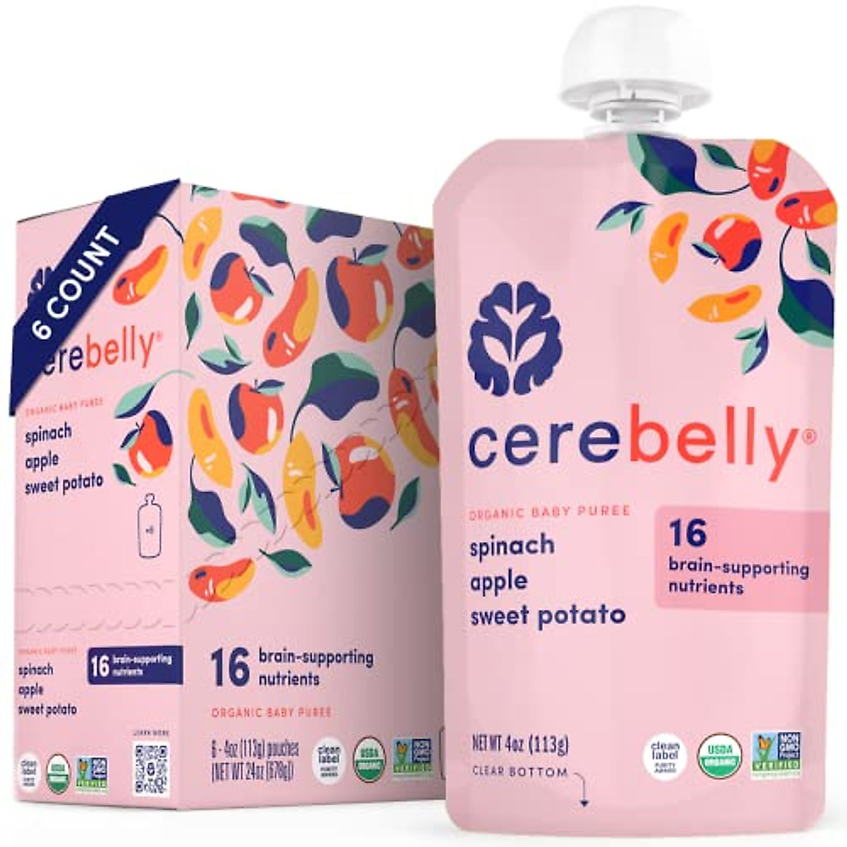 Cerebelly Baby Food Pouches – Spinach Apple Sweet Potato (4 oz, Pack of 6) - Toddler Snacks - 16 Brain-supporting Nutrients from Superfoods - Healthy Snacks, Gluten-Free, Non-GMO, No Added Sugar
