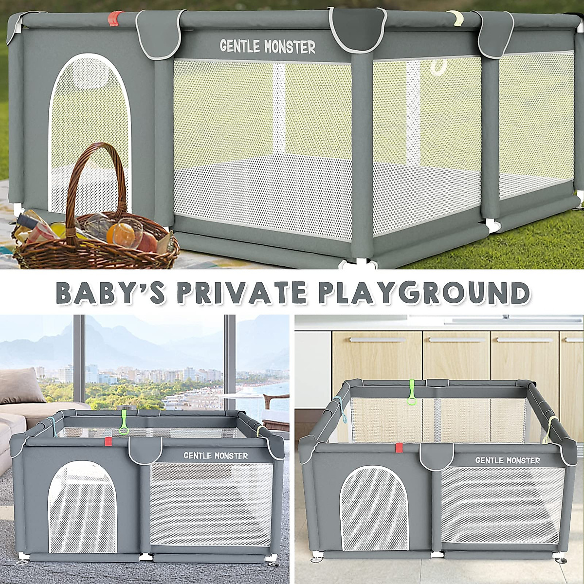 Baby Playpen, 50”×50” Play Pens for Babies and Toddlers, Gentle Monster Baby Playard with Gate & Anti-Slip Base, Sturdy Safety Play Yard for Baby with Storage Bag Indoor & Outdoor