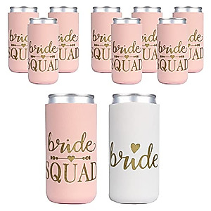 PartyGifts&Beyond 10Packs Bridemaids Can Cooler, Bride Squad Sleeve for Bachelorette Party Decoration(Pink), 14*9