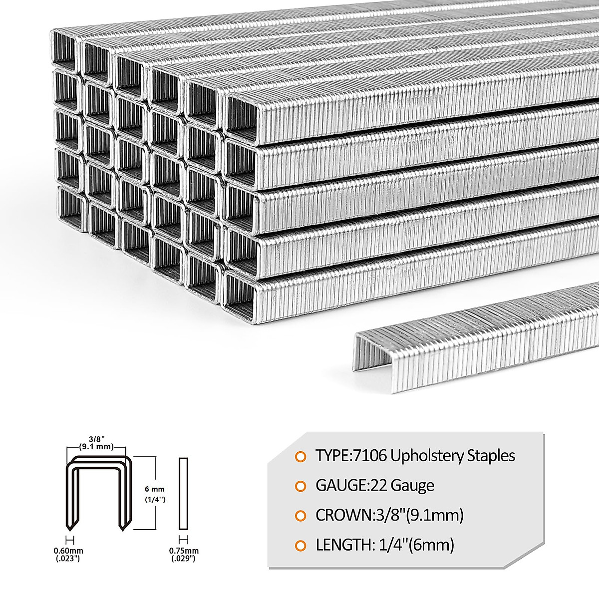 KAMSIN 71 Series 22 Gauge Galvanized Fine Wire Staples, 3/8-Inch(9mm) Crown 1/4-Inch(6mm) Leg Length Upholstery Staples for Fabric, Upholstering, Furniture, Cabinet (10,000 per Box)