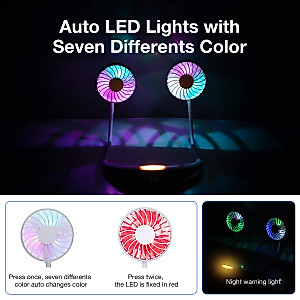 GIM Portable Hanging Neck Fan, 2000mah 3.5-9.5 Hours USB Rechargeable Personal Fan with 3 Level Air Flow 7 LED lights for Home, Office, Travel,Indoor, Outdoor (White&Pink)