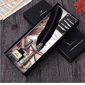 HUAWELL Antique Feather Dip Pen Set | Retro Feather Pen Calligraphy Pen Set Feather Writing Quill Ink Dip Pen Best Holiday Gift (Black)