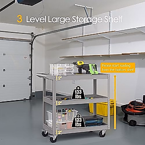 IRONMAX 3-Tier Utility Service Cart, 400 Lbs Heavy Duty Metal Trolley Rolling Cart w/Ergonomic Flat Handle, Lockable 360°Swivel Wheels, Chic Mechanic Tool Cart for Garage Warehouse & Repair Shop
