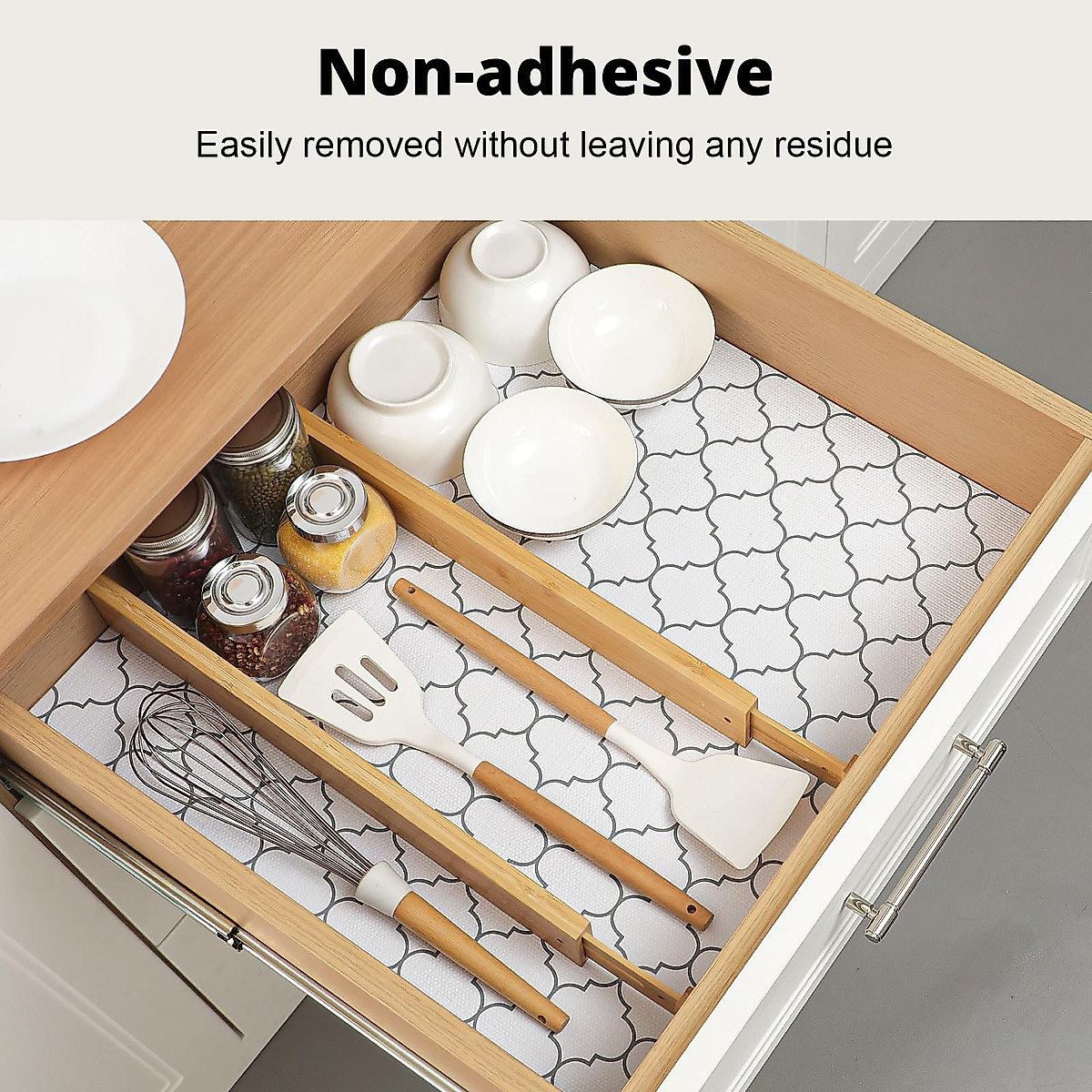Drawer & Shelf Liner for Kitchen Cabinets, Non-Slip Non-Adhesive Shelf Paper Protect Dresser and Cupboard, Waterproof Drawer Mats for Bathroom, Easy Install