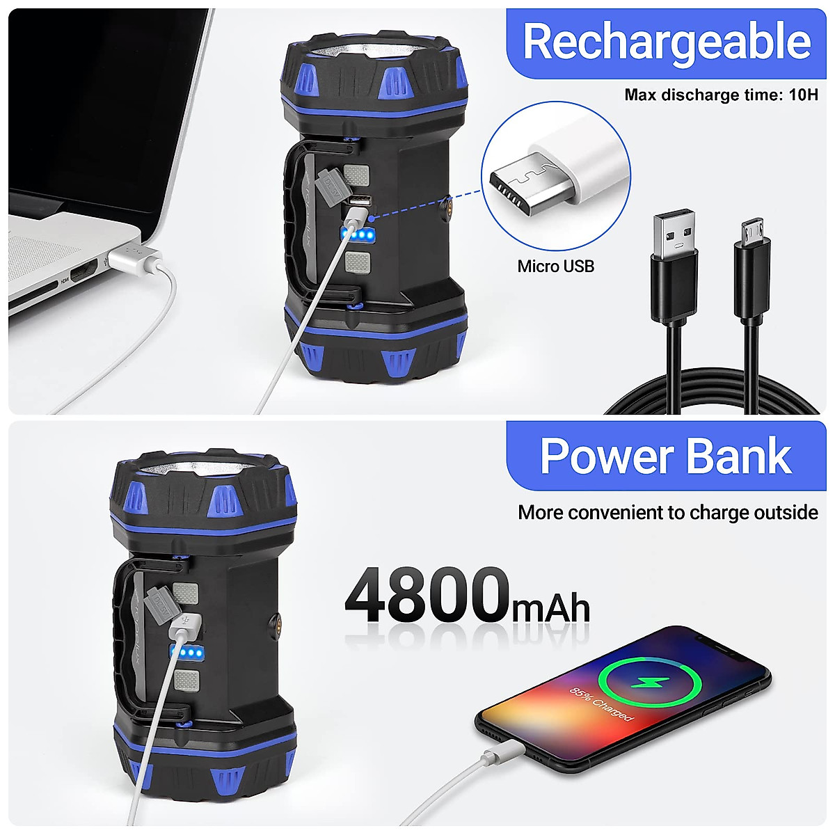 Led Camping Lantern Rechargeable, Camping Flashlight 1500LM, 8 Light Modes, Camping Lights 4800 Capacity USB Power Bank, Portable Bright Flash Light for Emergencies, Power Outages, Hurricane, Hiking