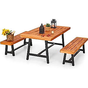 PHI VILLA Outdoor Table Bench Set of 3, 1 Wood Dining Table & 2 Wooden Benches, Premium Acacia Wood Patio Furniture Set for Porch Balcony Deck, Teak Color