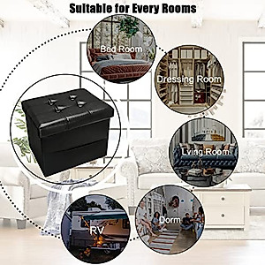 AmasSmile® Folding Storage Ottoman Foot Rest Stool with Side Pocket, 16 inch Leather Footstool Bench, Short Ottoman Bench, Storage Foot Rest Store, Books, Records Support 330 lbs,Black