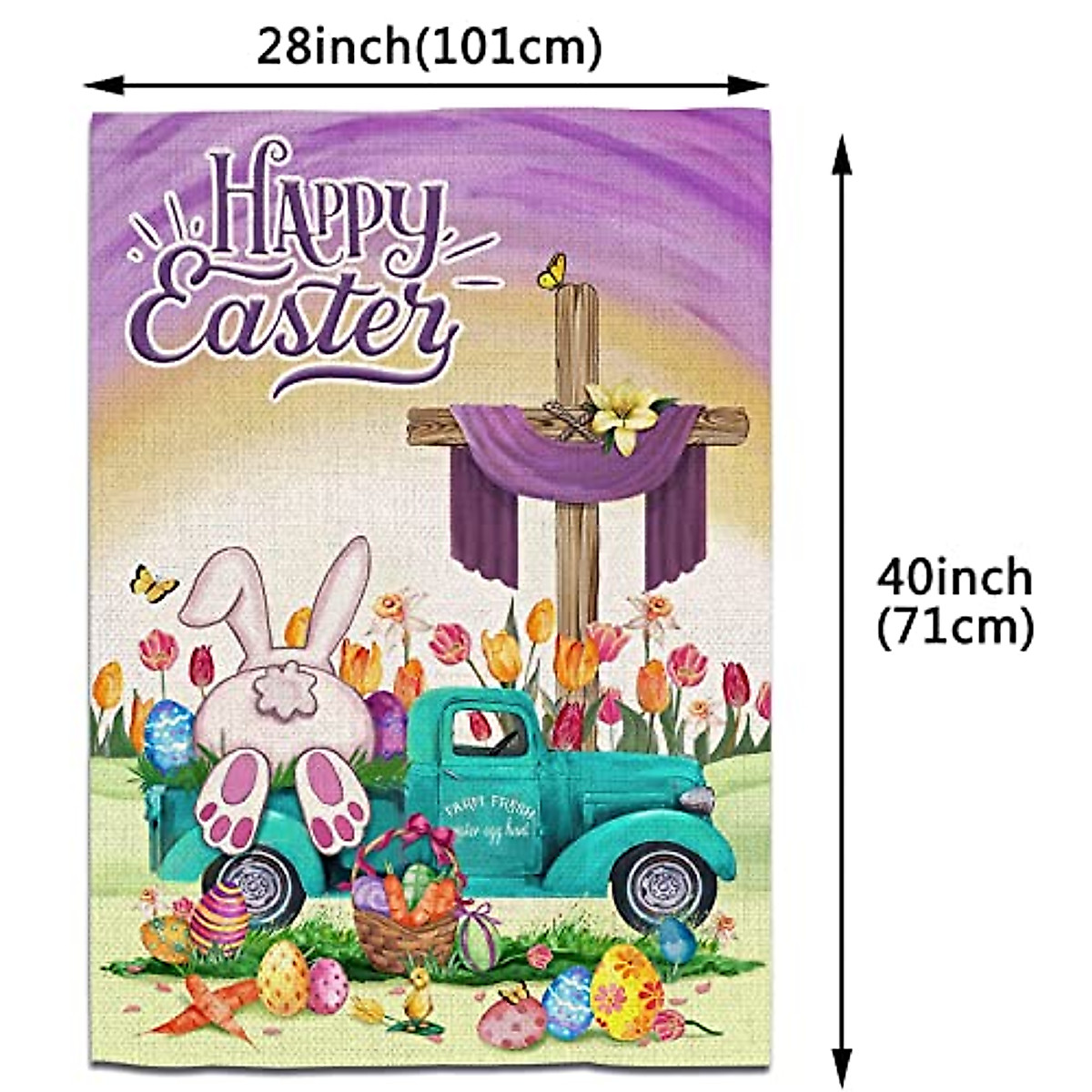 Easter Flag, Happy Easter Flags for Outdoors 28 x 40 Double Sided, Easter Bunny Eggs with Blue Truck Tulip Flowers Burlap House Flag, Holiday Spring Garden Yard Lawn Signs for Home Outside