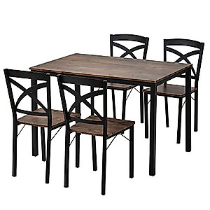 KoiHome 5-Piece Industrial Dining Metal Frame and Wooden Tabletop for 4 People, East-West Furniture Set with Rectangular Table and 4 Ergonomic Chairs for Kitchen,Resturant, Brown