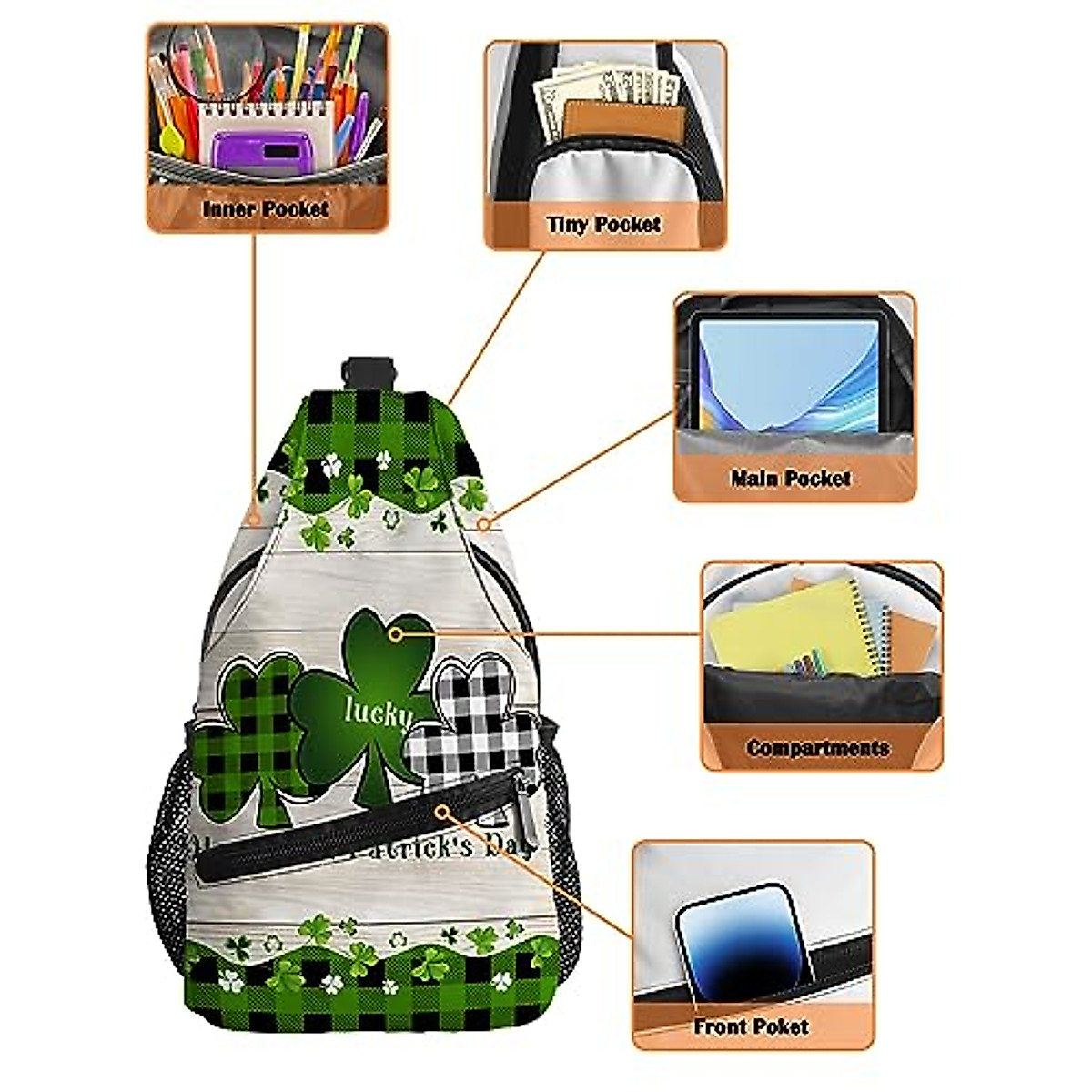 Sling Backpack, St. Patrick's Day Lucky Green Black Buffalo Plaid Shamrock Waterproof Lightweight Small Sling Bag, Travel Chest Bag Crossbody Shoulder Bag Hiking Daypack for Women Men